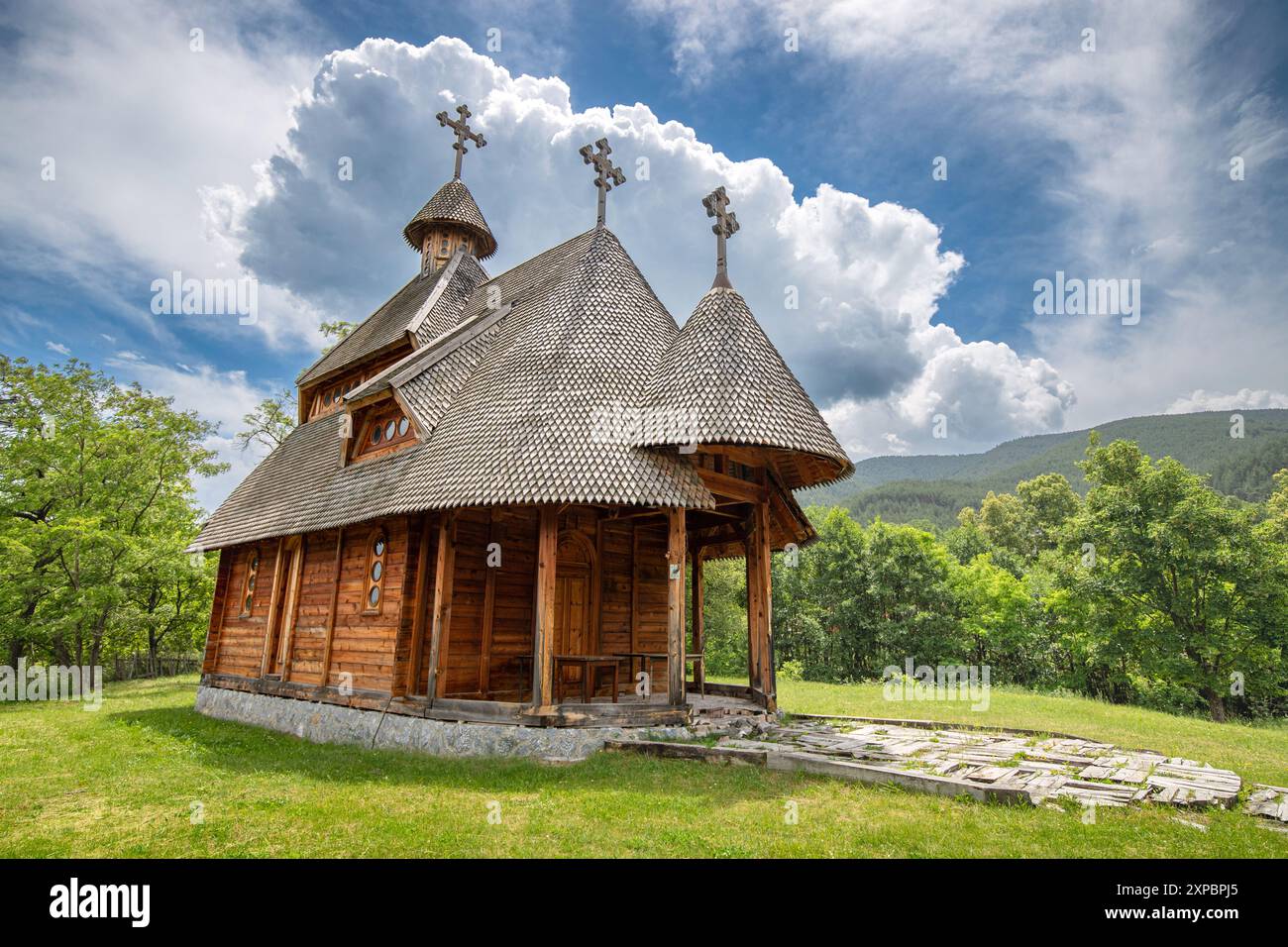 Traditional wooden Orthodox church in a rural Serbian village ...