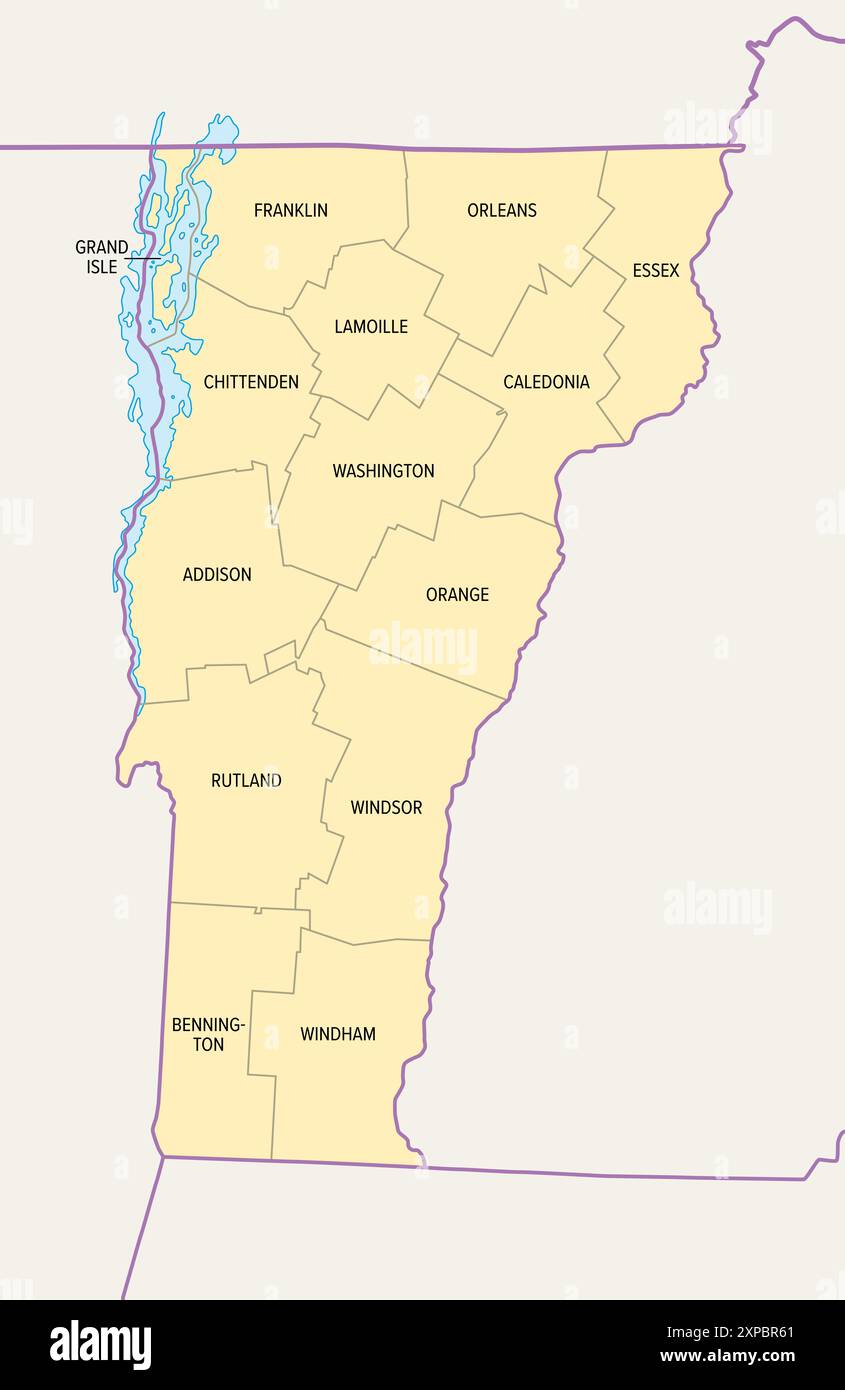 Vermont, U.S. state, subdivided into 14 counties, political map with ...
