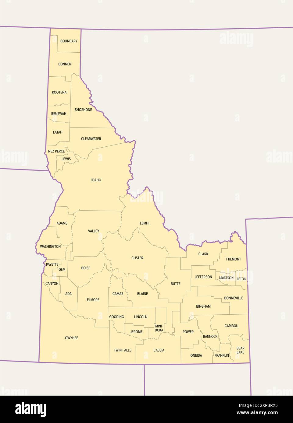 Idaho, U.S. state, subdivided into 44 counties, political map with ...