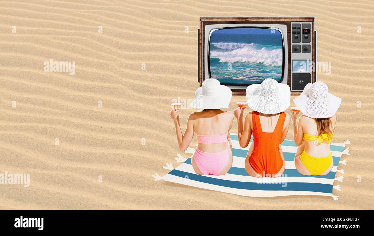 Poster. Contemporary art collage. Rear view of woman sitting on sandy ...