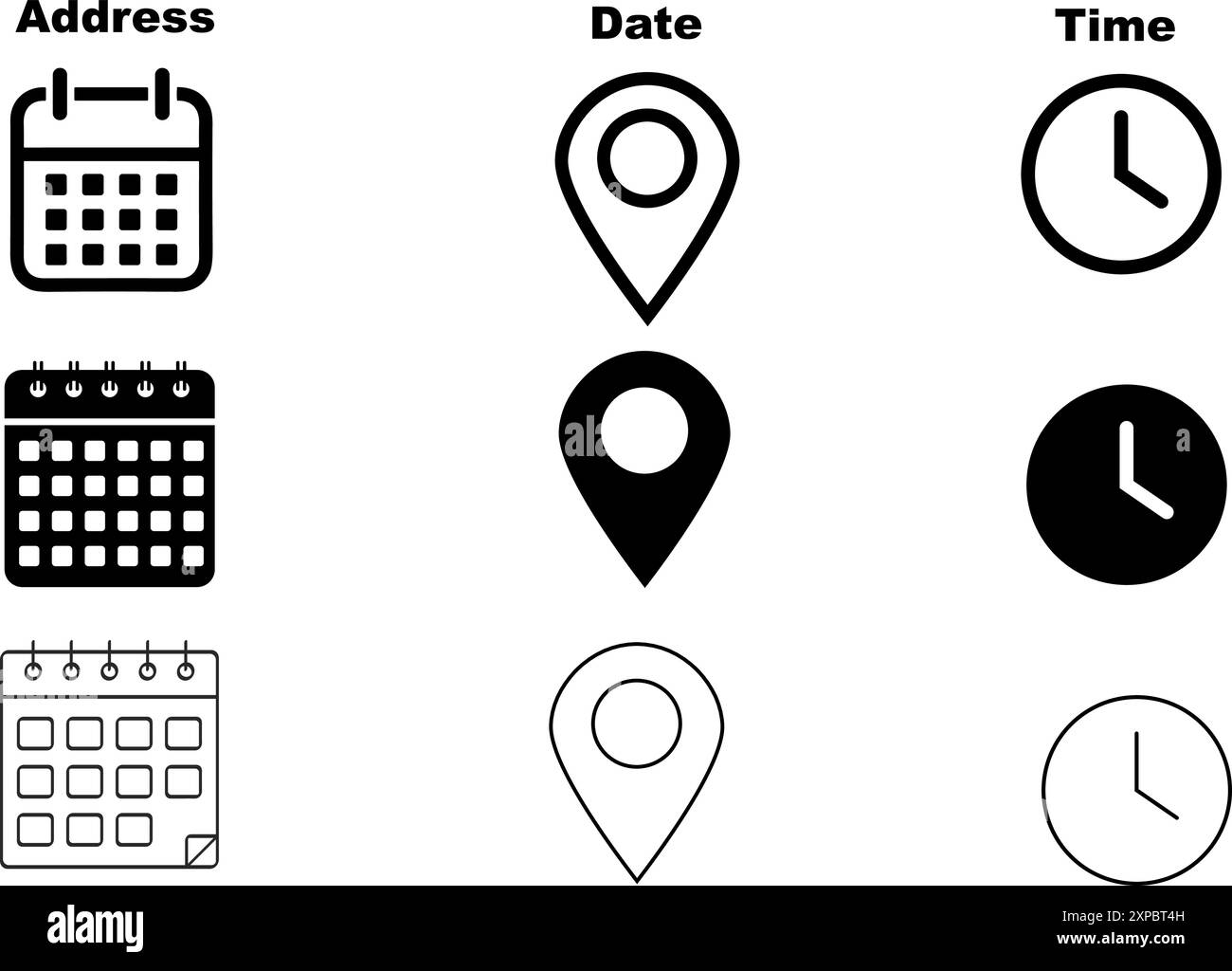 Address location icon. Stopwatch timer icon. Date Calendar icon. Vector ... Address location icon. Stopwatch timer icon. Date Calendar icon. Vector ...