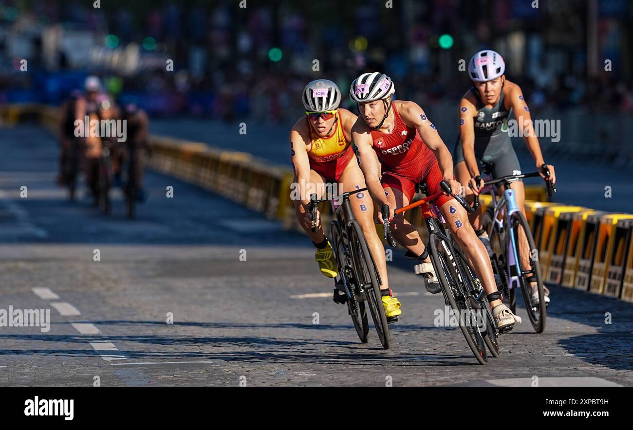 Paris, France. 5th Aug, 2024. Julie Derron (C) of Switzerland competes ...