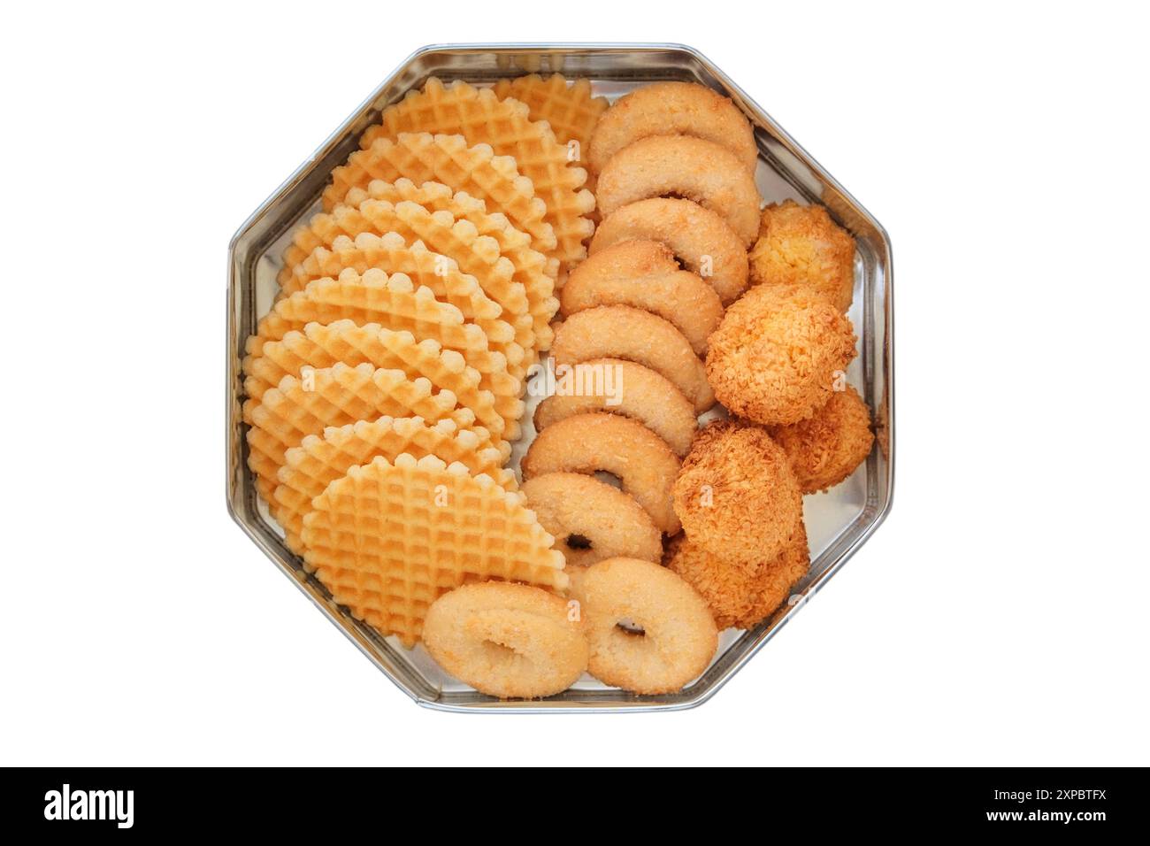 Variety cookies set in a metal box. Isolated on white background ...