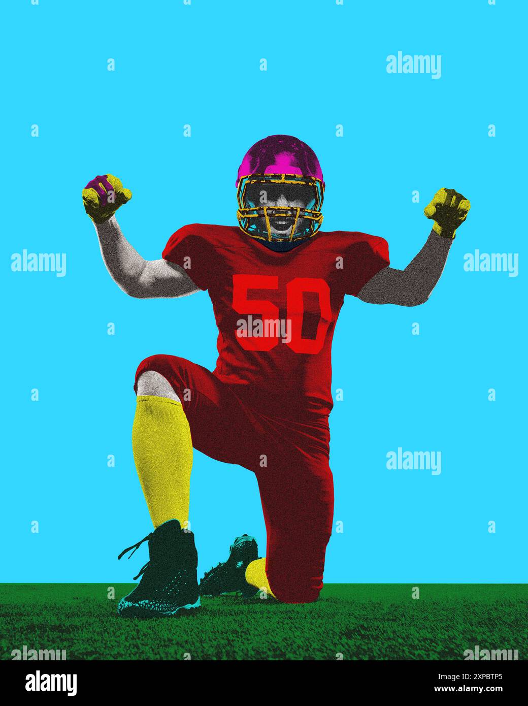 Poster. Contemporary art collage. Football player in red uniform and ...