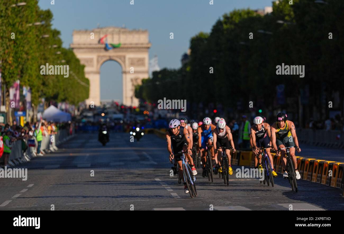 Paris, France. 5th Aug, 2024. Athletes compete during the mixed relay ...