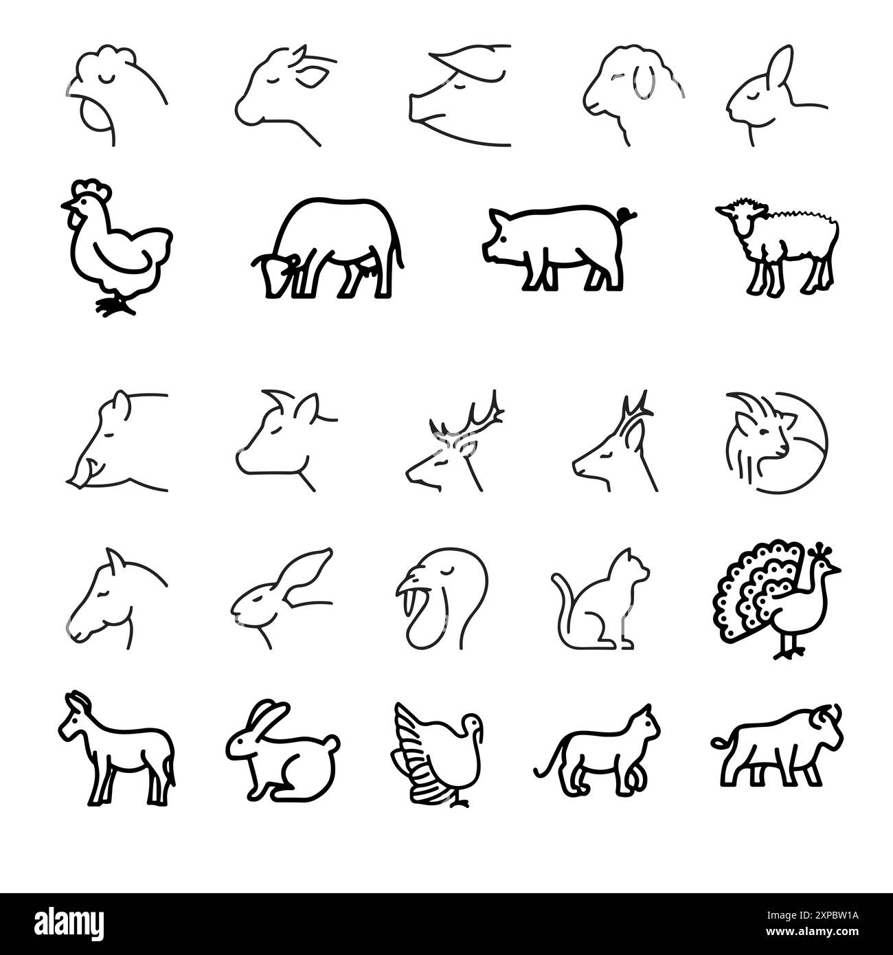 Farm and hunting animals, thin line icon set. Symbol collection in ...