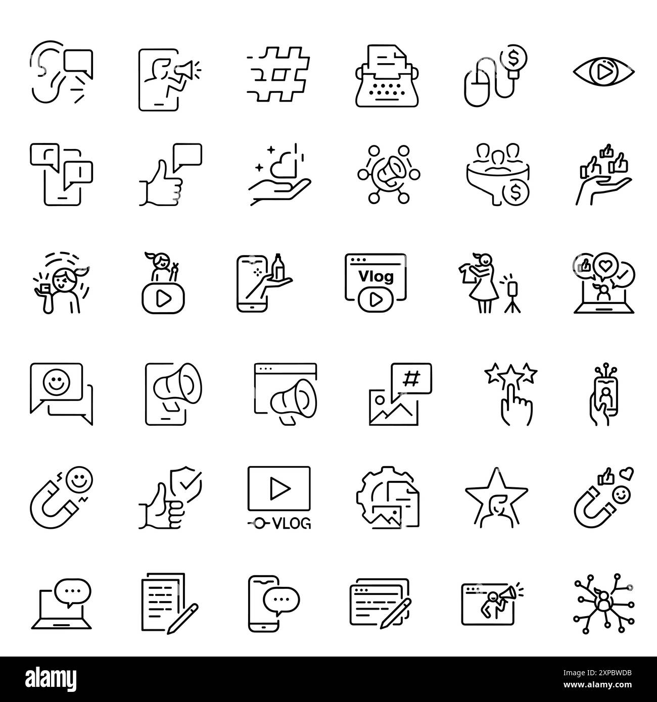 Influencer and social media marketing, thin line icon set. Included ...