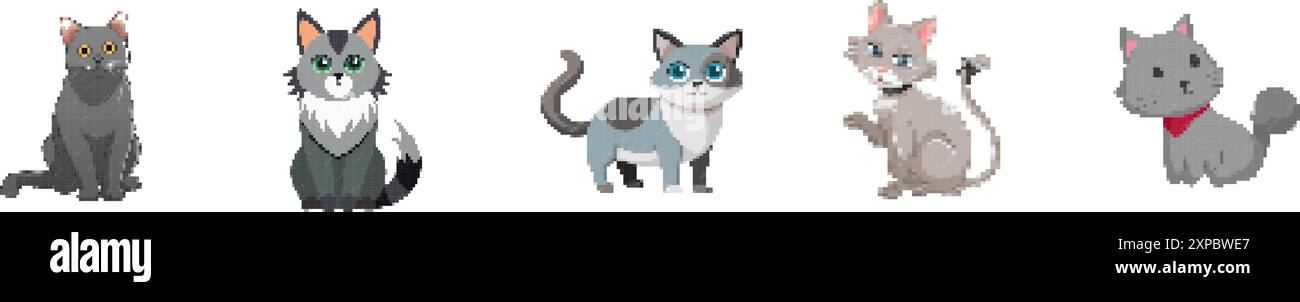Grey Cats in pixel art - isolated vector. Cute, kawaii style pixel cats ...