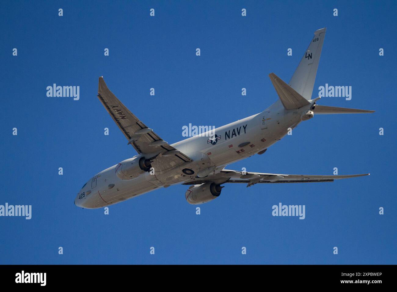 A US Navy Boeing P8A Poseidon multi-mission maritime aircraft flying ...