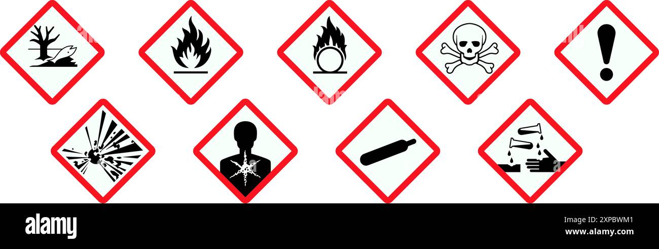Globally Harmonized System GHS Warning Signs. Flame, gas cylinder, skull and crossbones, health ...