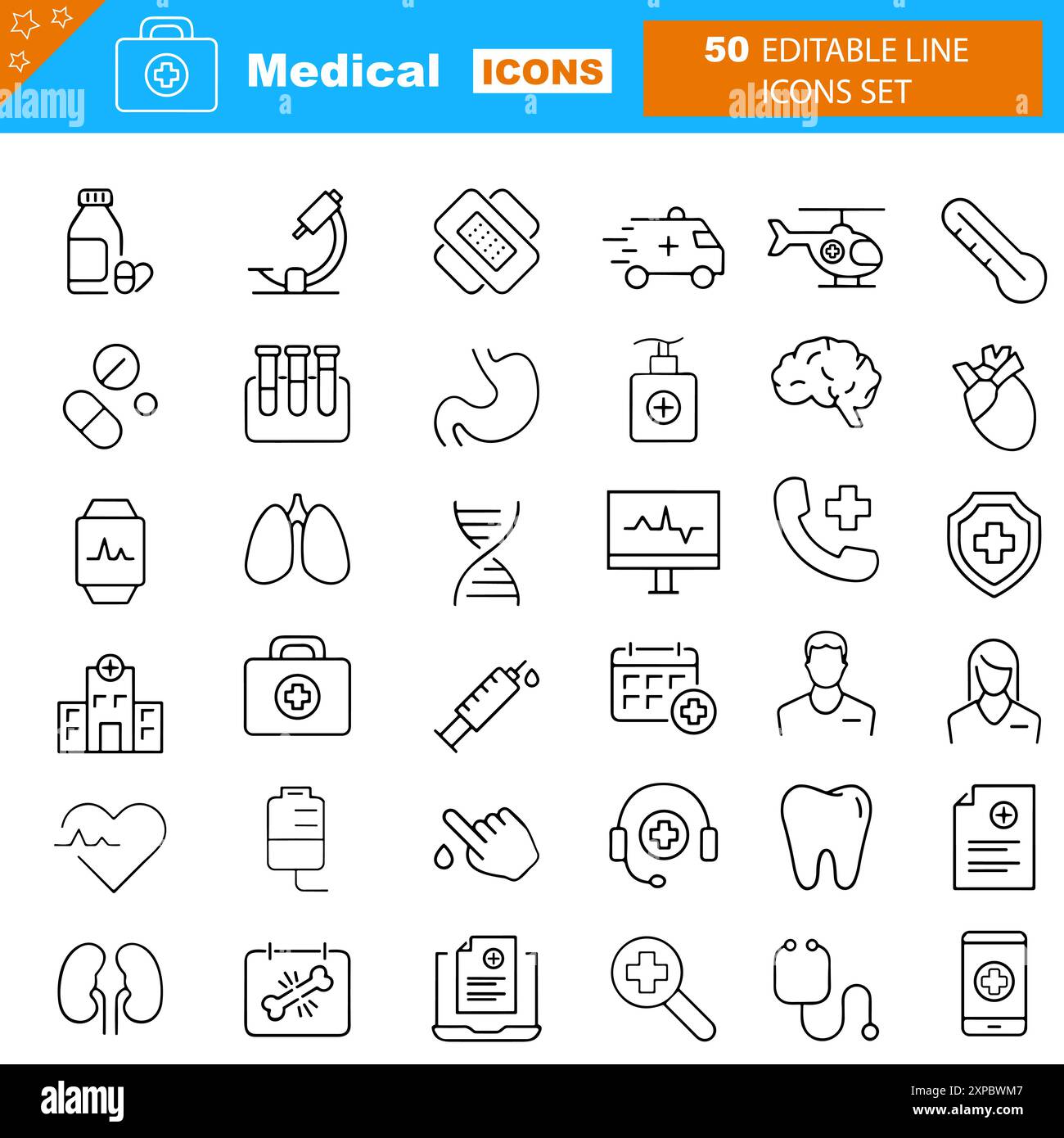 Medical outline icons with editable stroke collection Stock Vector ...