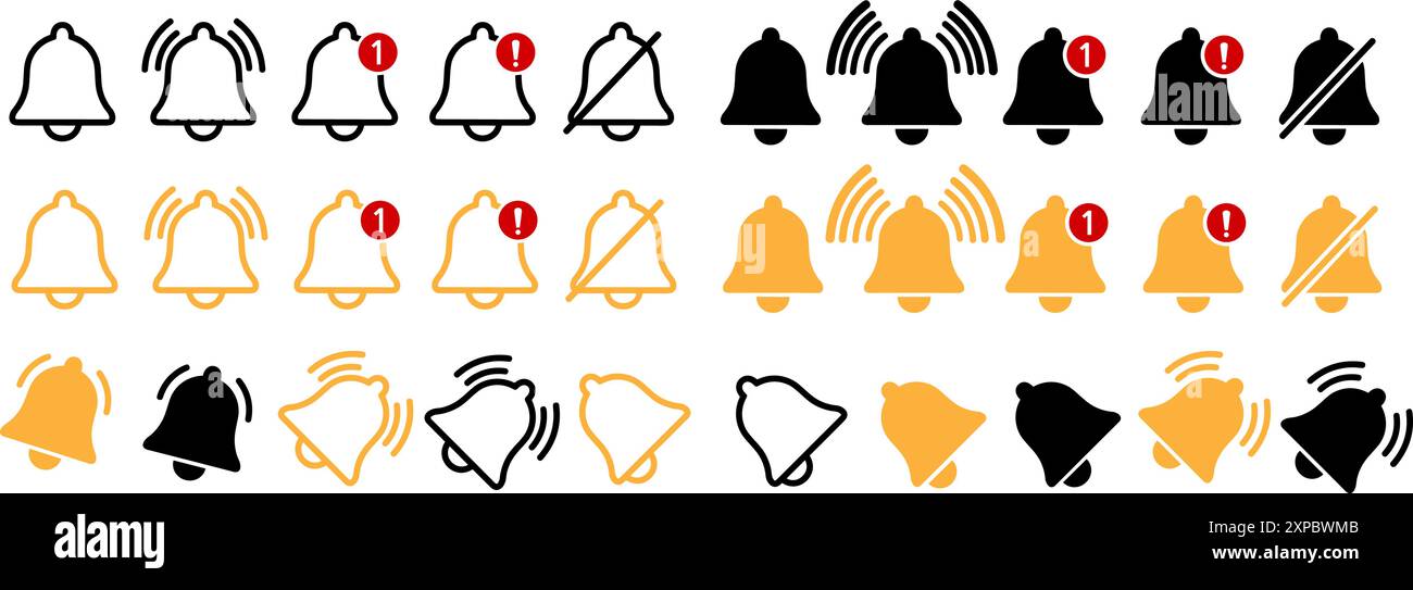 Notification bell icon set, alert icons for incoming inbox messages, ringing bell, and ...