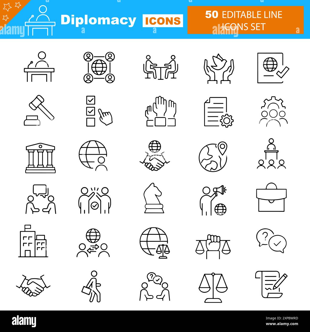 Set of 24 line diplomacy icons. Partners. Editable stroke Stock Vector ...