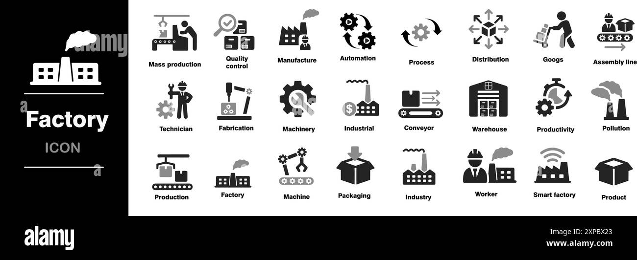 Factory icon set. Containing industry production machine manufacture ...