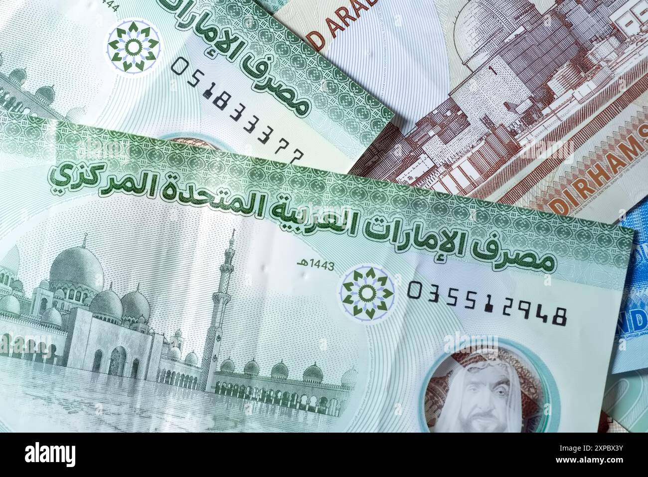 Close up Dirhams currency, AED, Bank note and coins, United Arab ...