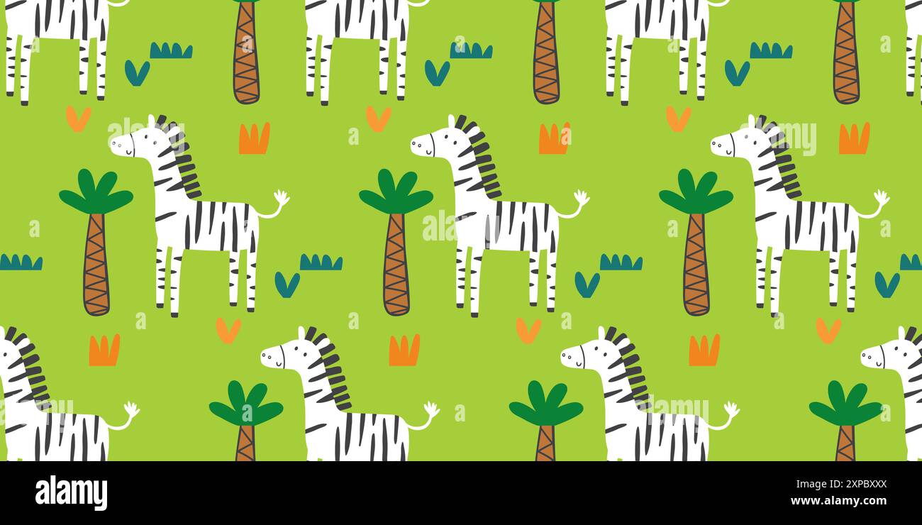 pattern design for kids fashion with cute zebra and tree drawing ...