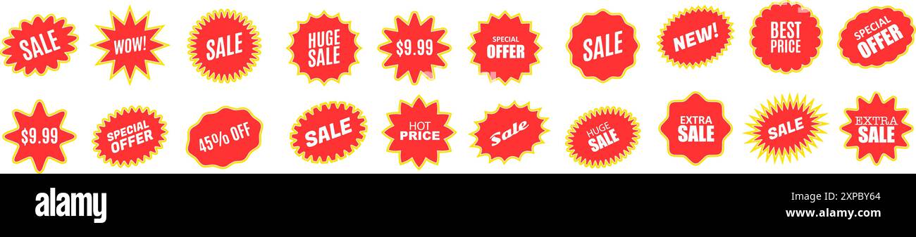 Set of red starbursts and promotional badges. red round price stickers ...