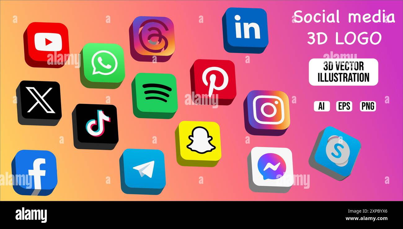 3d social media icons button. social media logo Stock Vector Image ...