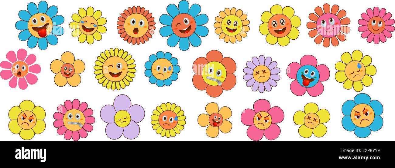 Cartoon groovy flower characters featuring a funny, happy daisy with ...