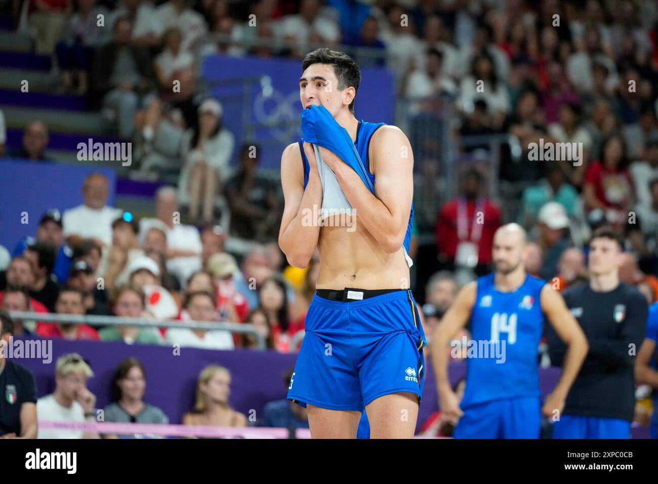 Alessandro Michieletto, of Italy, reacts during a men's quarter final ...