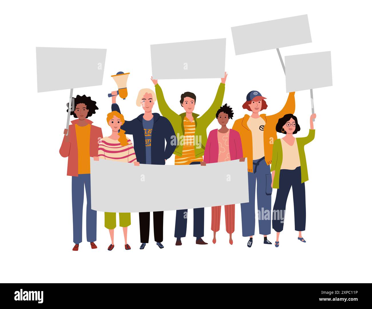 Group of young men and women standing together and holding blank banner ...