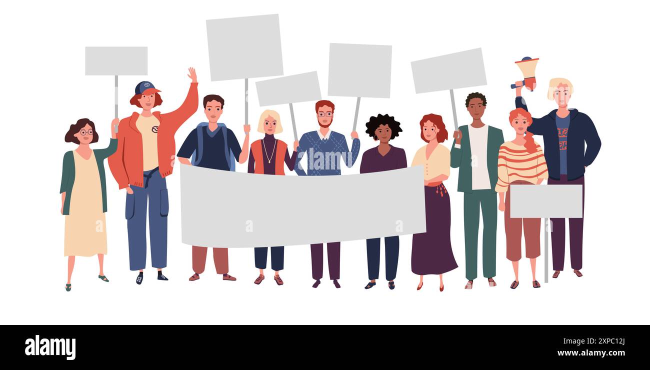 Group of young men and women standing together and holding blank banner ...