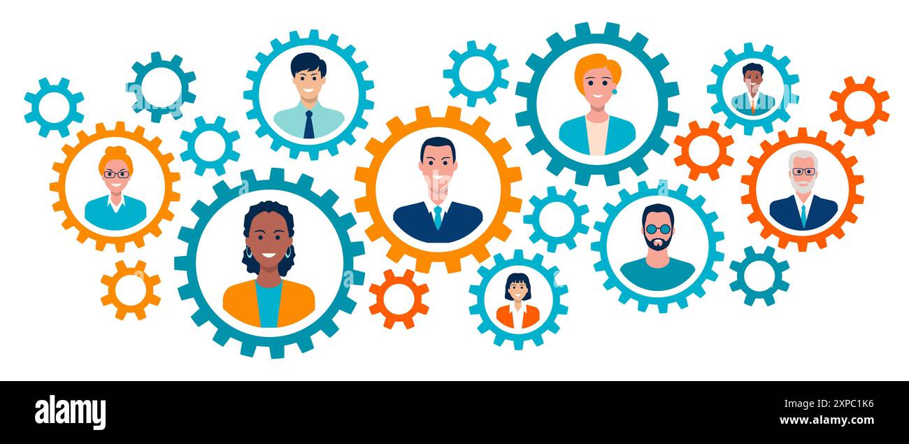 Team building concept illustration. Production management. Busines managers and engineers team ...