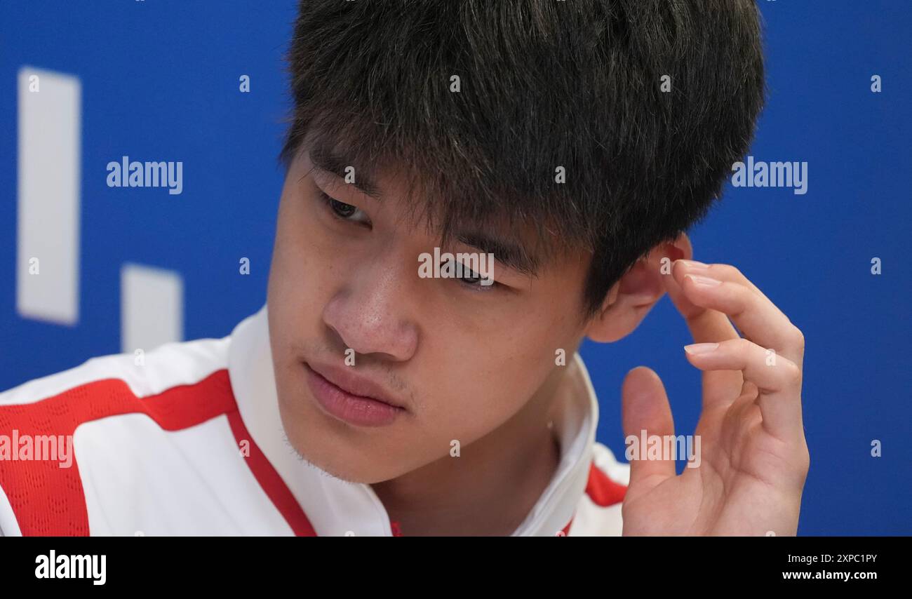 Paris, France. 5th Aug, 2024. Chinese swimming athlete Pan Zhanle takes ...