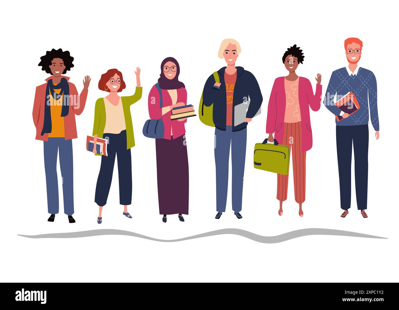 Group of multicultural students holding books and laptop. Flat vector ...