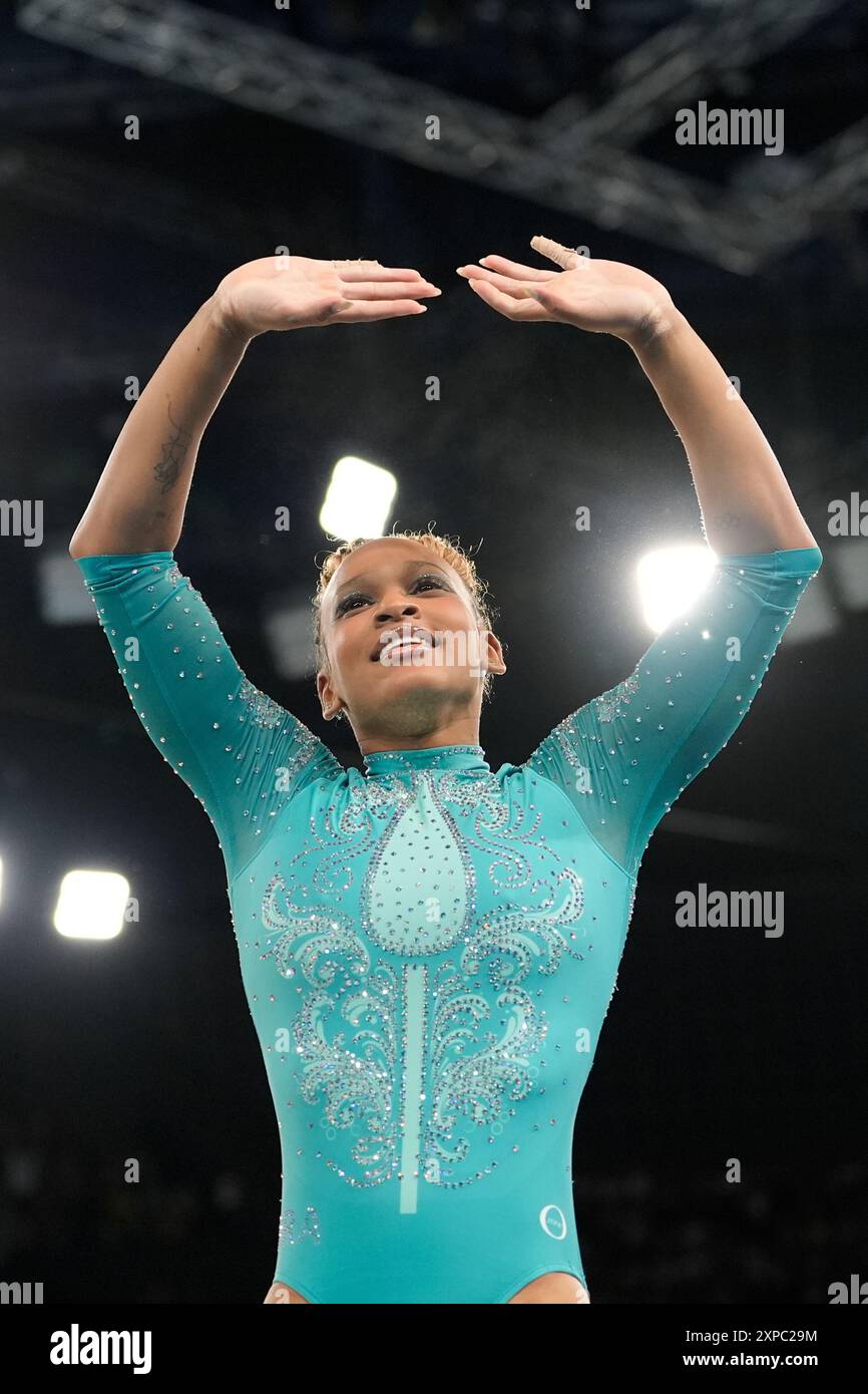 Rebeca Andrade, of Brazil, celebrates after completing her routine in ...