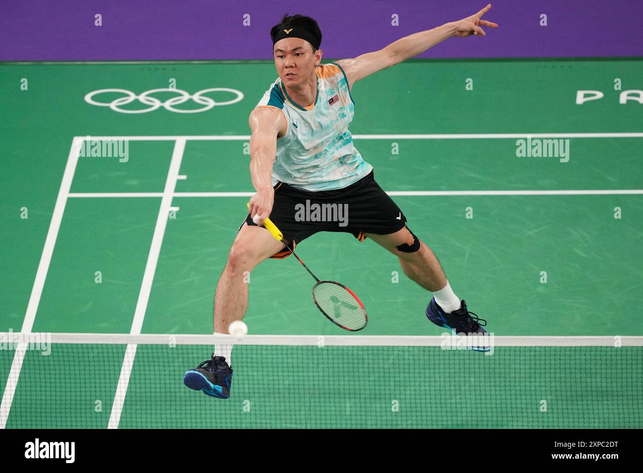 Malaysia's Lee Zii Jia plays against India's Lakshya Sen during their men's singles badminton ...