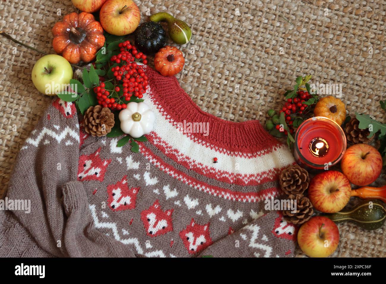 Autumn still life with knitted brown and red sweater, apples, berries ...