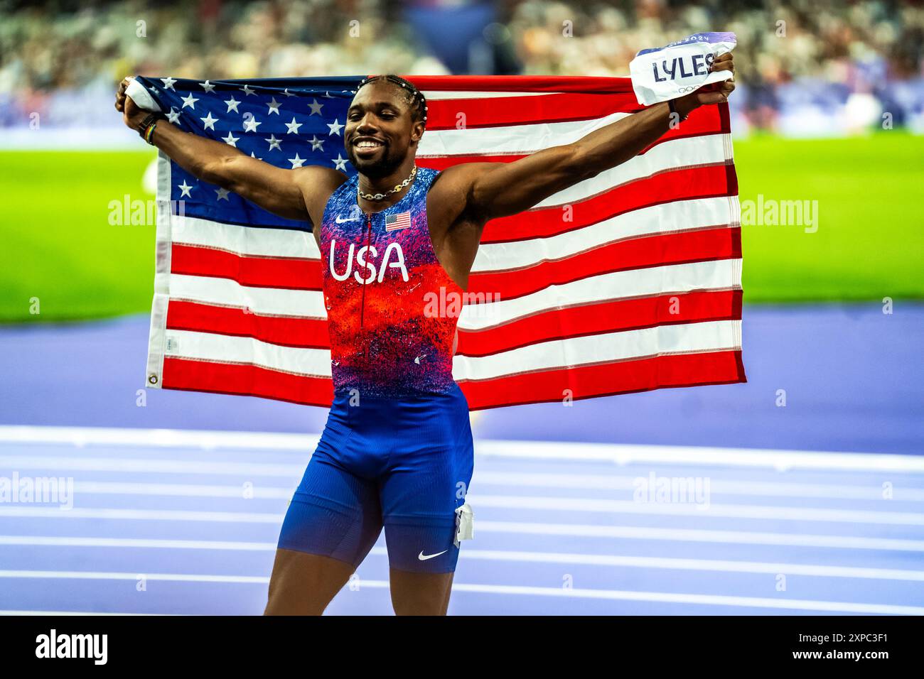 Noah Lyles (USA) celebratea winning the gold medal in the Mens 100m ...