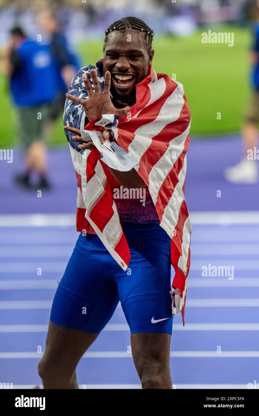 Noah Lyles (USA) celebratea winning the gold medal in the Mens 100m ...