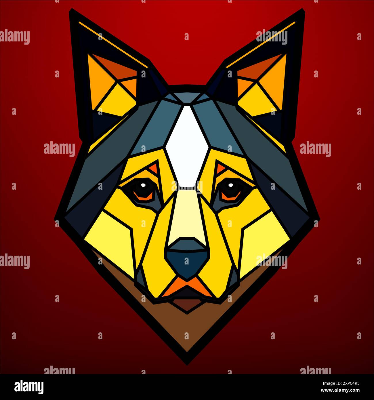 Geometric dog head on a red background with a black border around ...