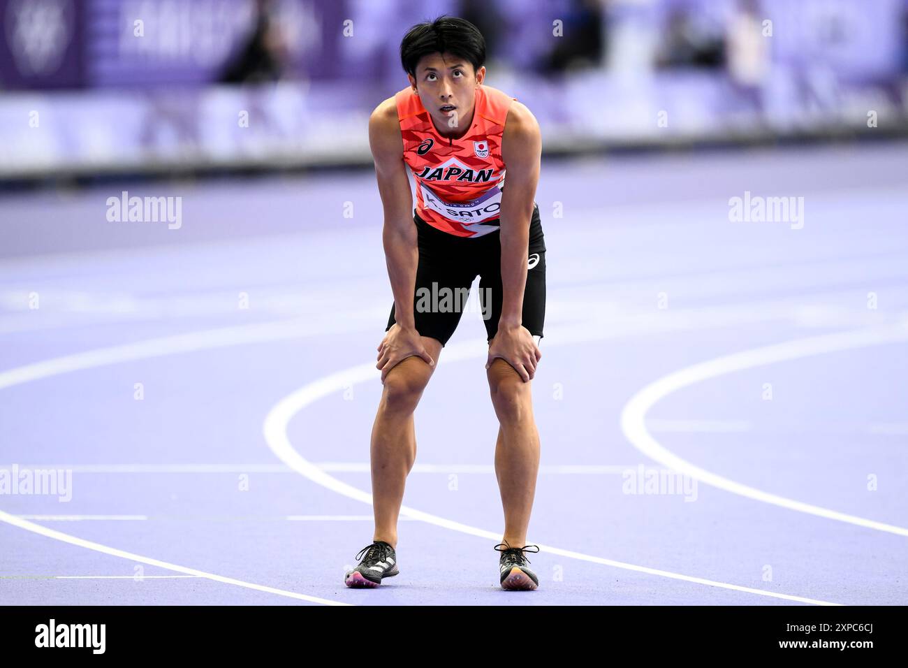 Kentaro Sato of Japan reacts after competing in the 400m men first round during the Paris 2024 ...