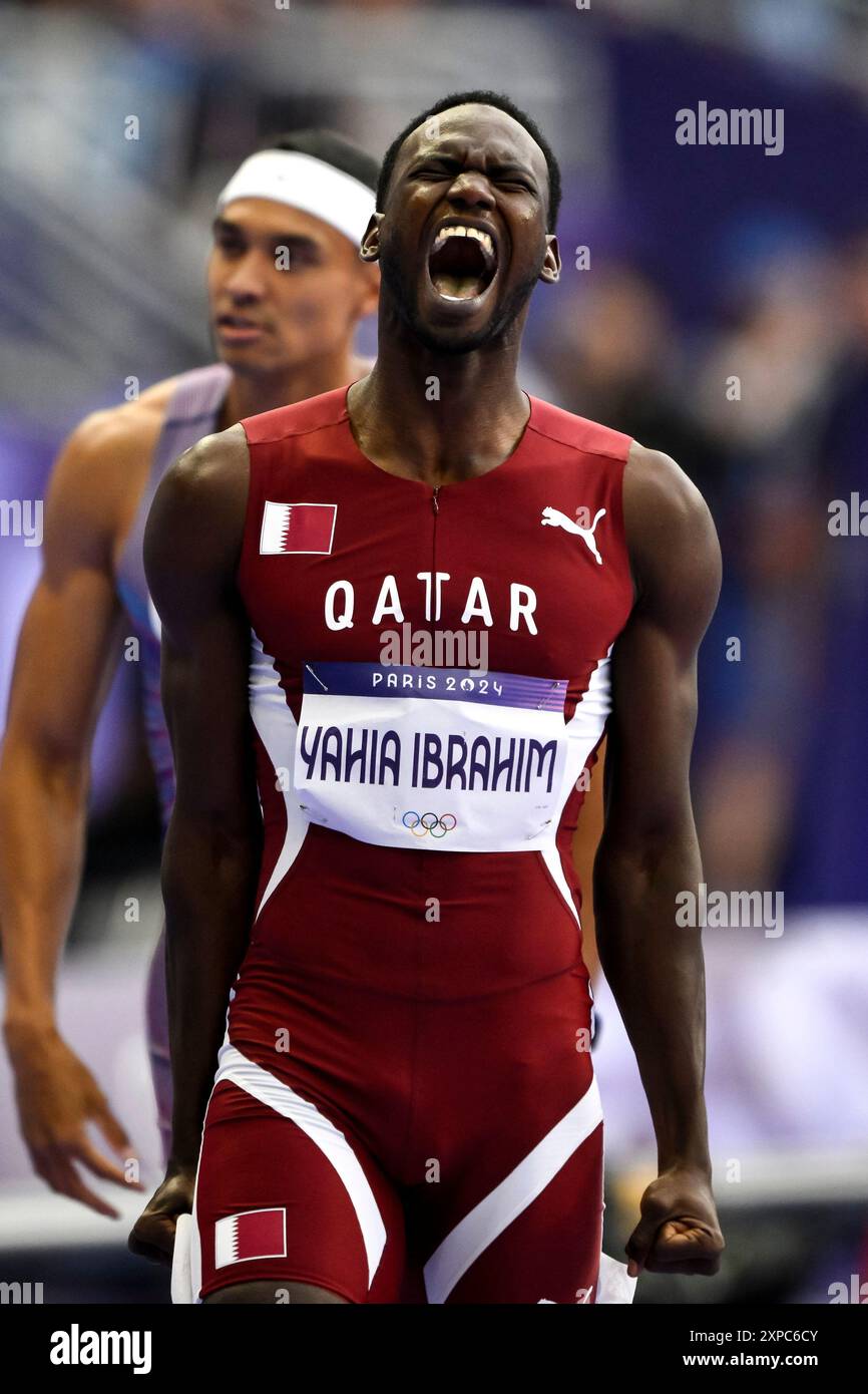 Ammar Ismail Ibrahim Yahia of Qatar reacts after competing in the 400m men first round during ...