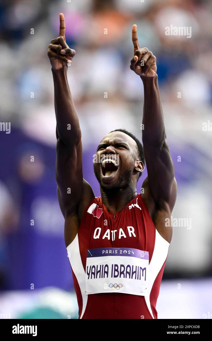 Ammar Ismail Ibrahim Yahia of Qatar reacts after competing in the 400m men first round during ...