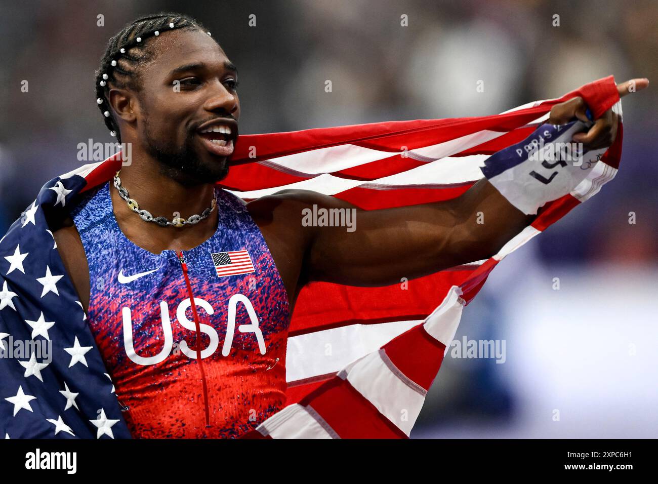 Noah Lyles of United States of America celebrates after winning the 100 ...