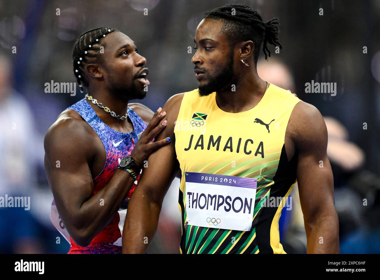 Noah Lyles of United States of America and Kishane Thompson of Jamaica ...