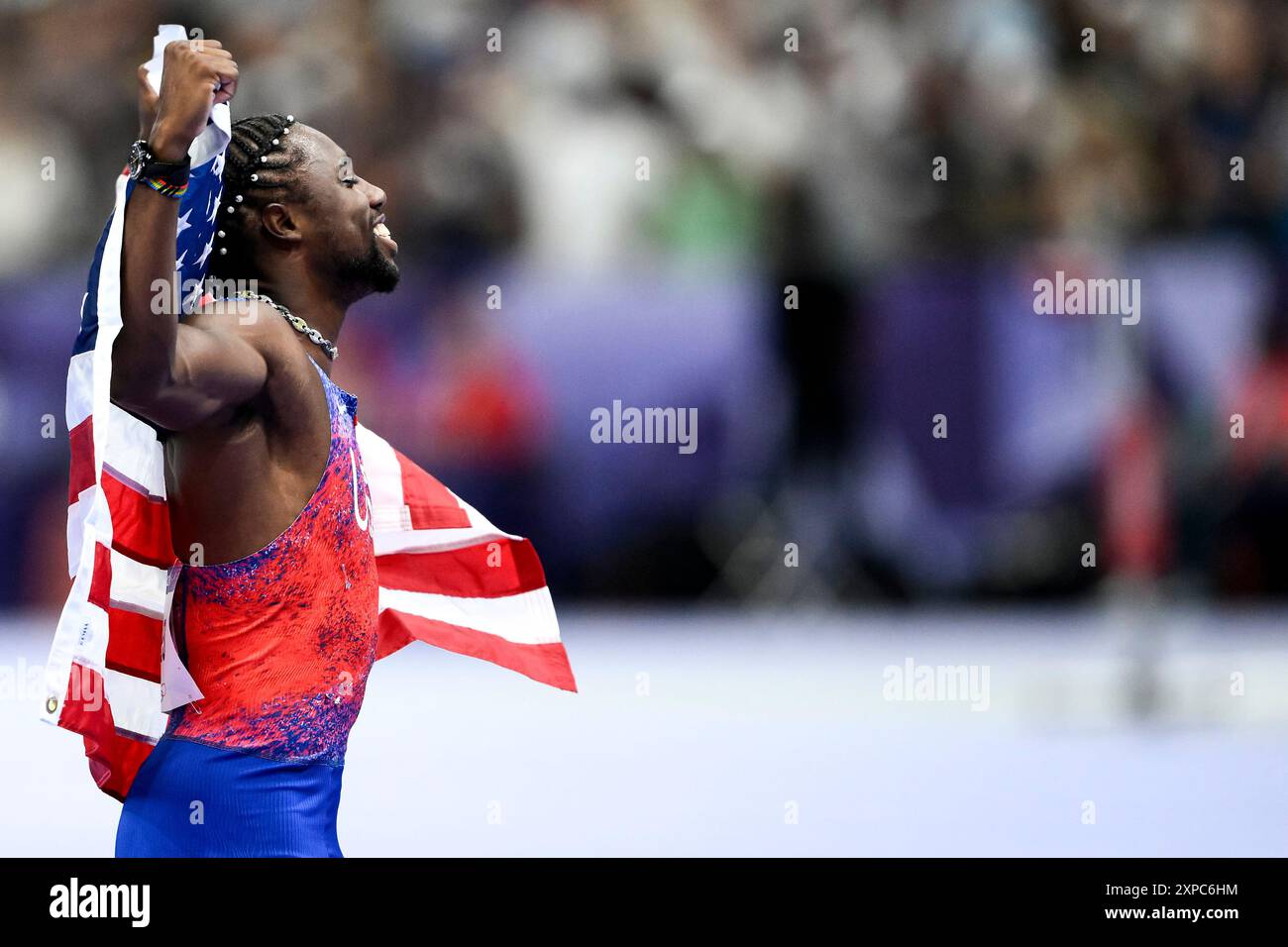 Noah Lyles of United States of America celebrates after winning the 100 ...