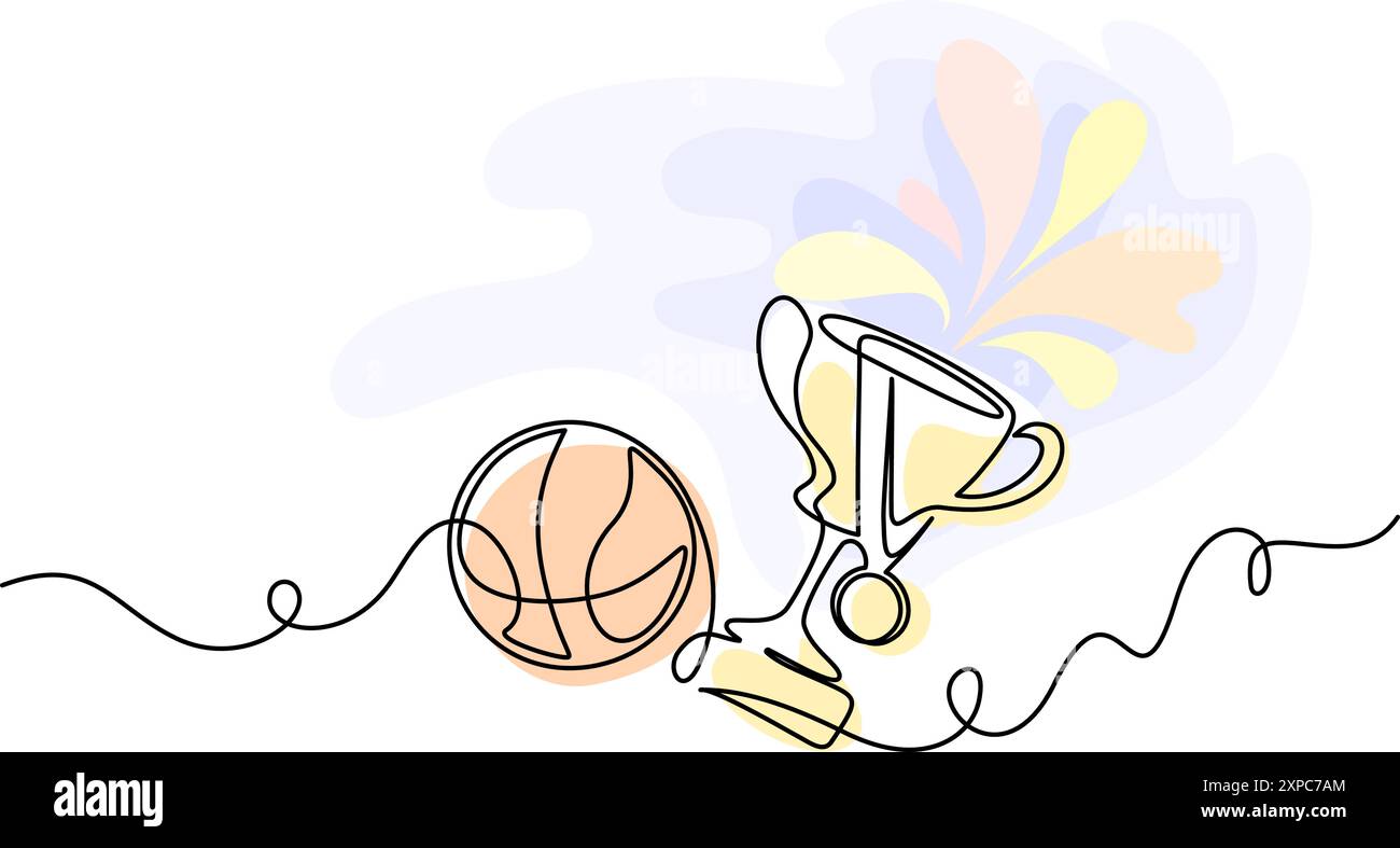 Trophy cup with medal and basketball ball. Continuous one line drawing ...