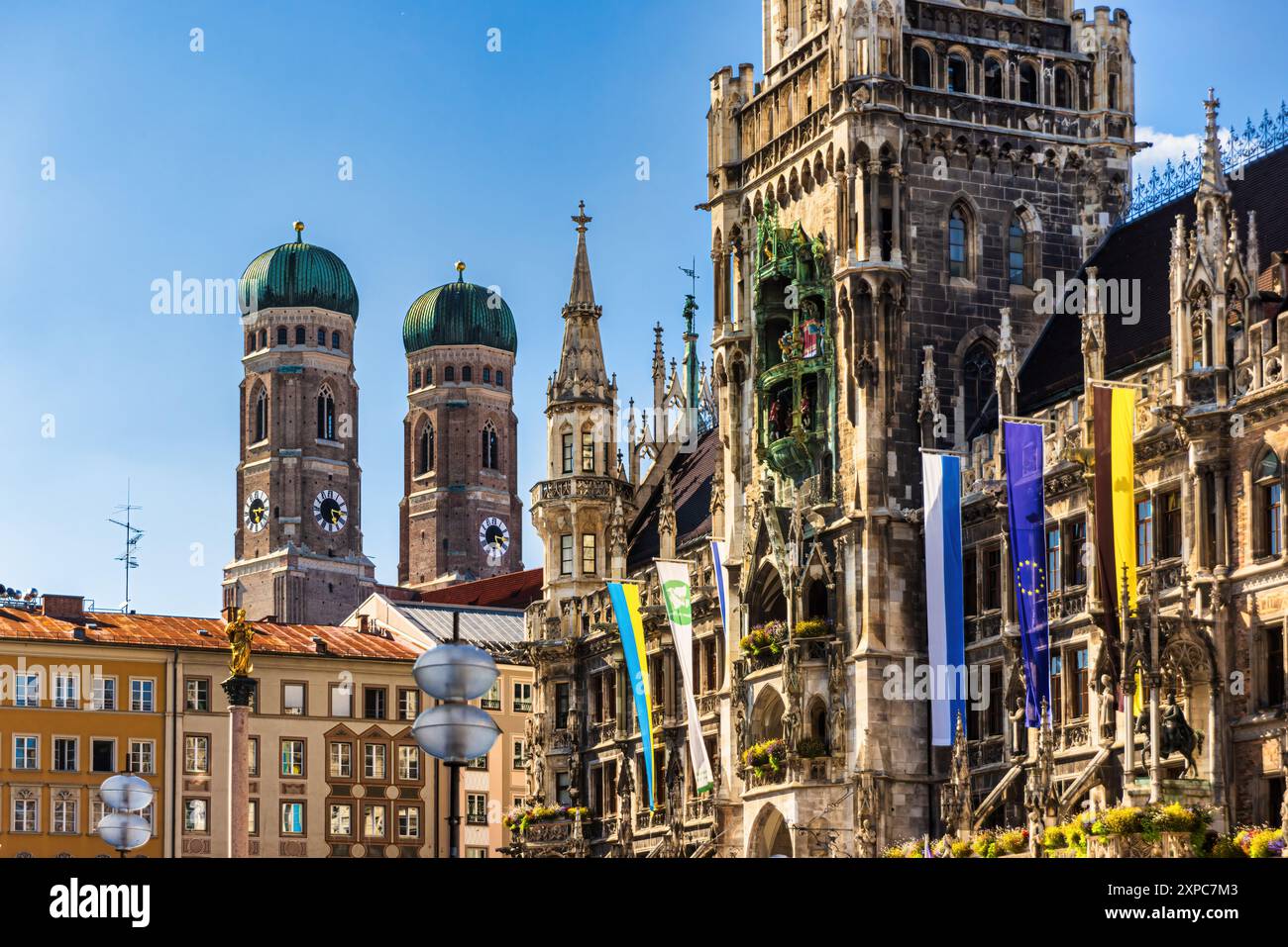 Munich skyline seen from Marienplatz with the new Town Hall and the ...