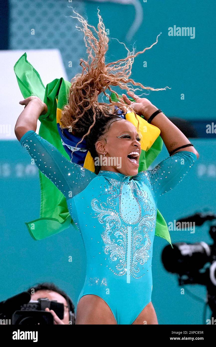 Rebeca Andrade, of Brazil, celebrates after winning the gold medal ...