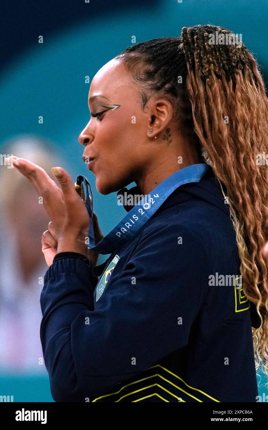 Rebeca Andrade, of Brazil, celebrates after winning the gold medal ...
