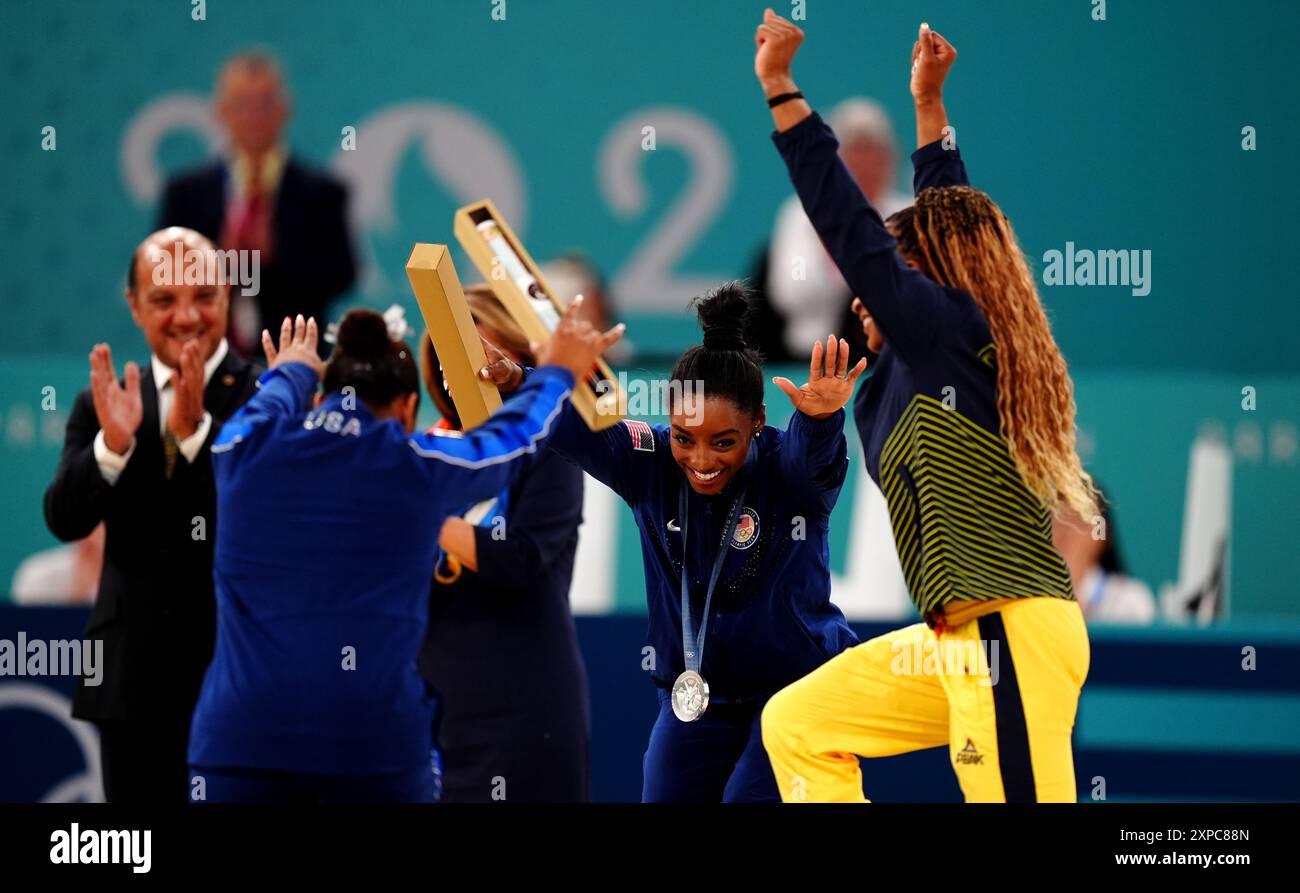 Gold medalist Rebeca Andrade (right) of Brazil, silver medalist Simone ...