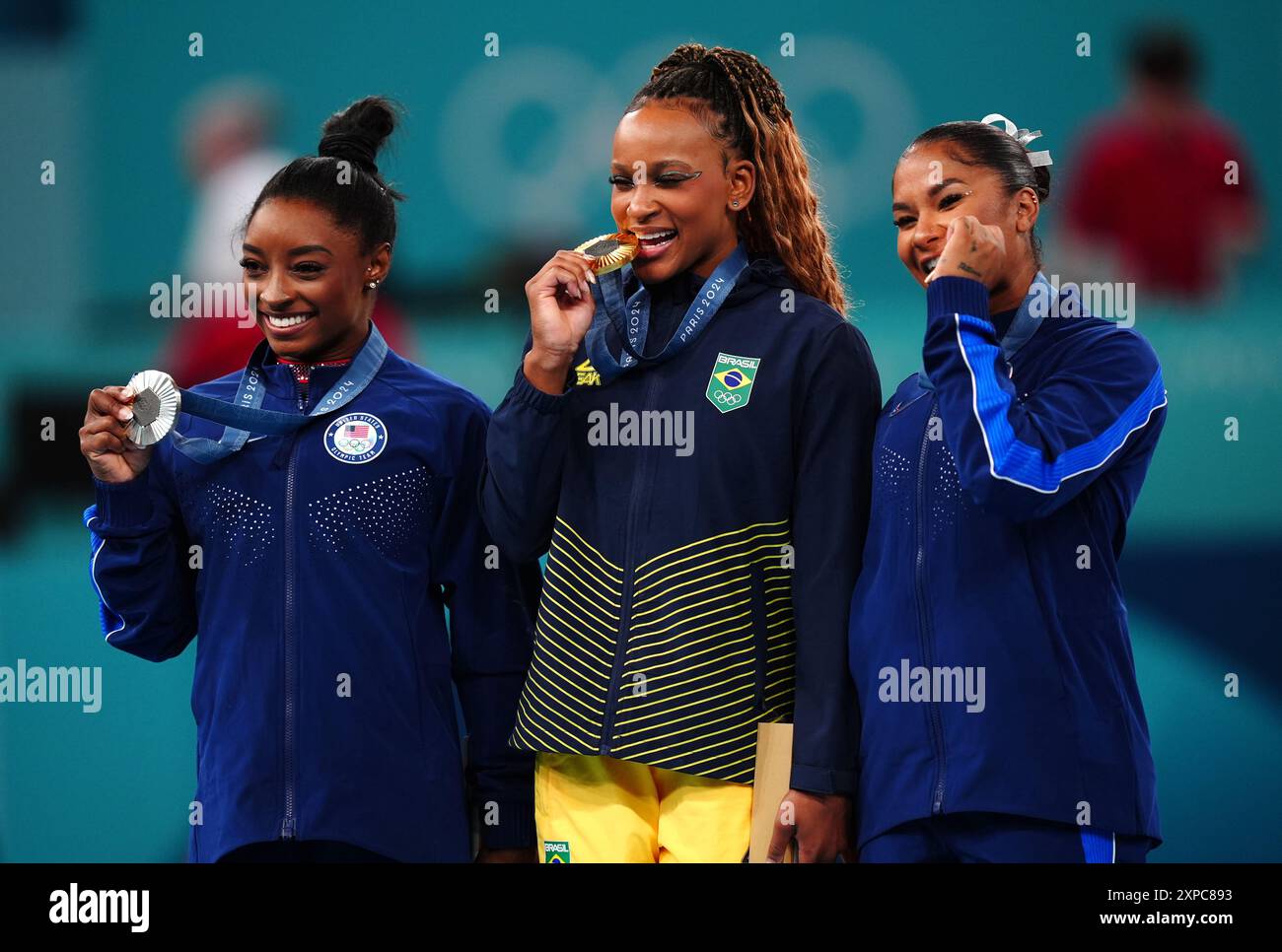 Gold medalist Rebeca Andrade (centre) of Brazil, silver medalist Simone ...