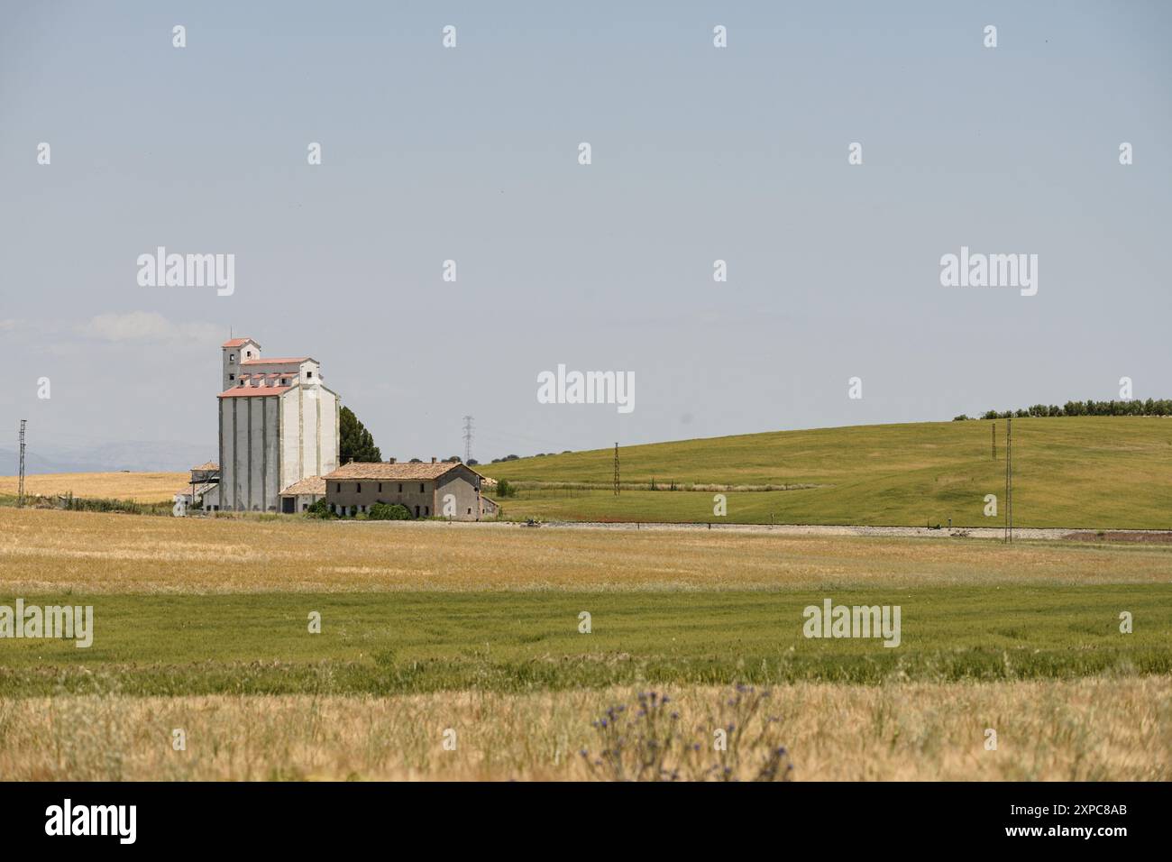 A grain silo towers over a traditional farmhouse surrounded by ...