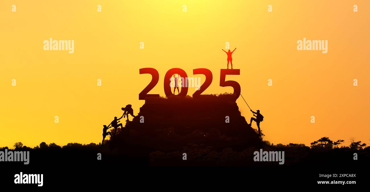 2025 year concept. Silhouettes of active people in nature against the ...