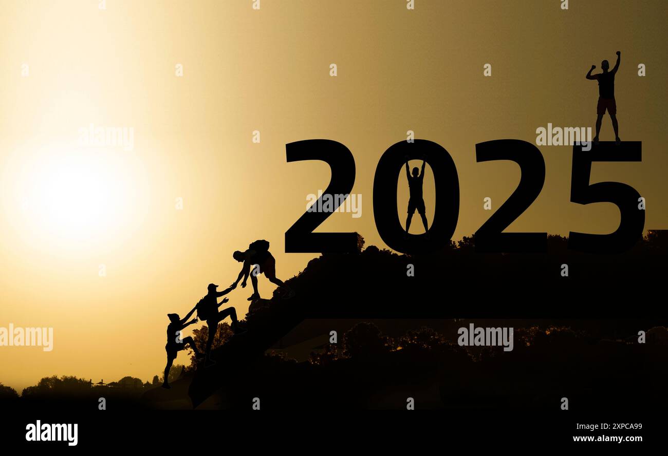 2025 year concept. Silhouettes of active people in nature against the ...
